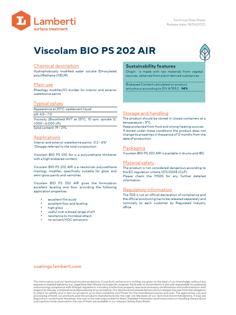 VISCOLAM BIO PS 202 AIR TDS 230414 en | PDF | Paint | Rheology