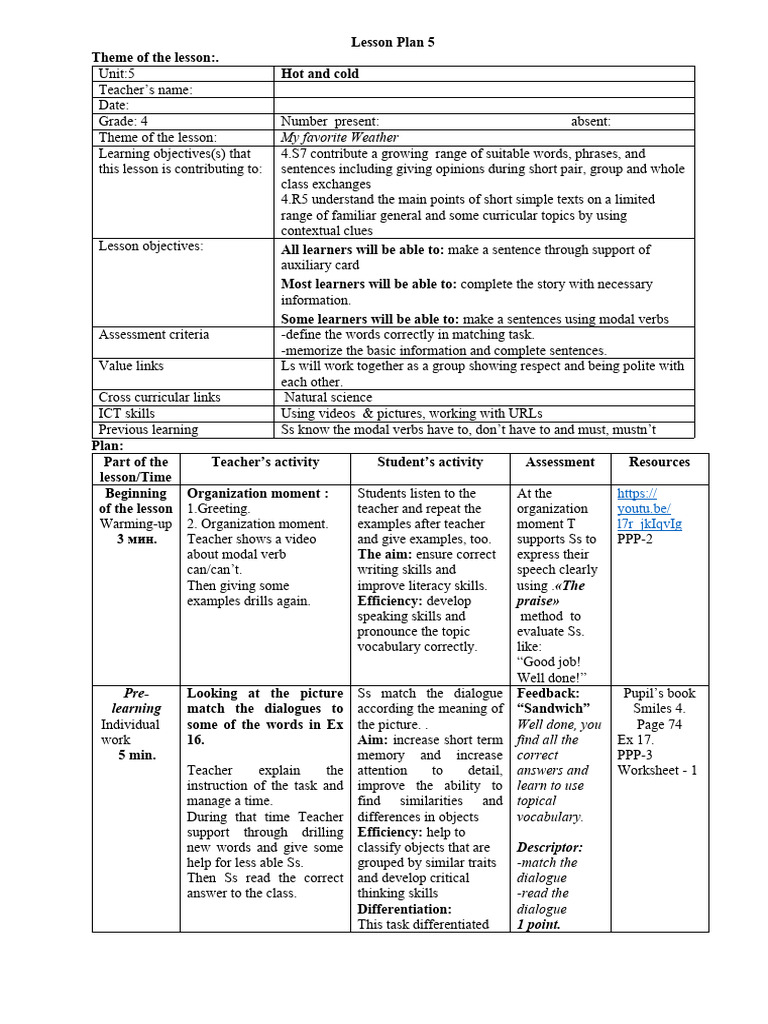 Lesson Plan-4 Grade | Download Free PDF | Learning | Teachers