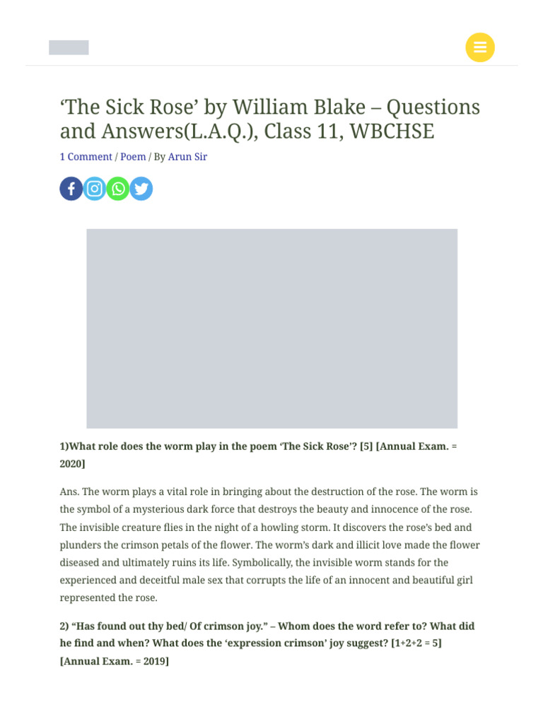 The Sick Rose LAQ | PDF | Rose | William Blake