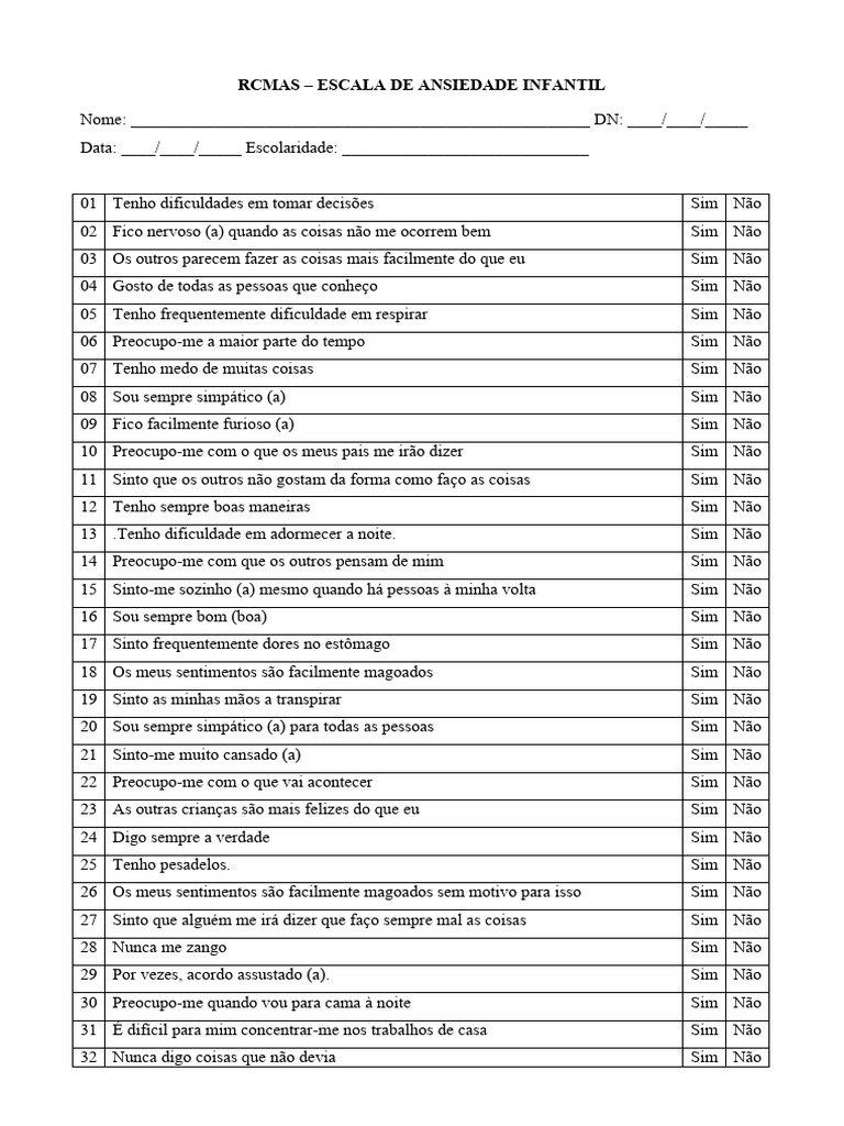 Escala RCMAS de Ansiedade Infantil | PDF