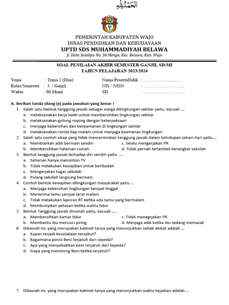 Soal PAS TEMA 2 KELAS 5 2018 | PDF