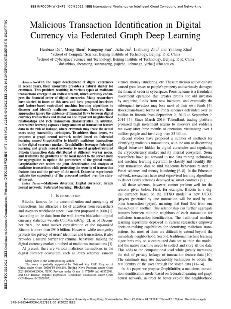 Malicious Transaction Identification In Digital Currency Via Federated Graph Deep Learning Pdf