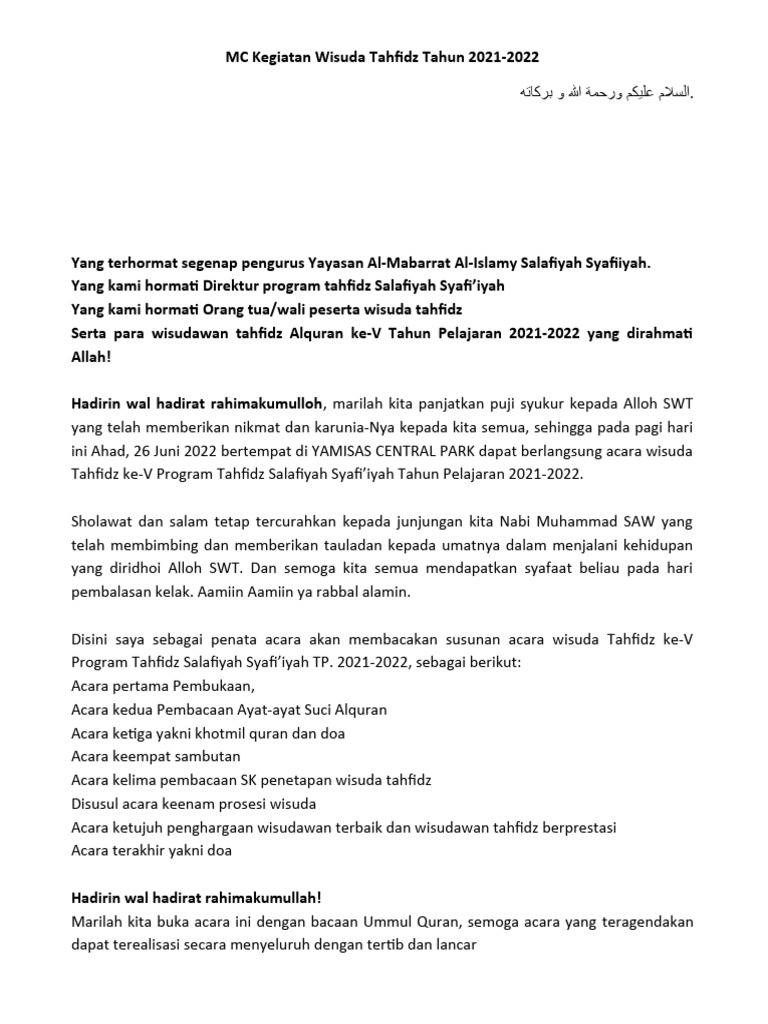 MC Kegiatan Wisuda Tahfidz ke-V | PDF