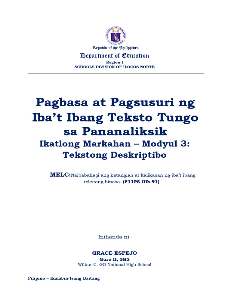 Q3 Week 4 Tekstong Deskriptibo Pagbasa at Pagsusuri | PDF