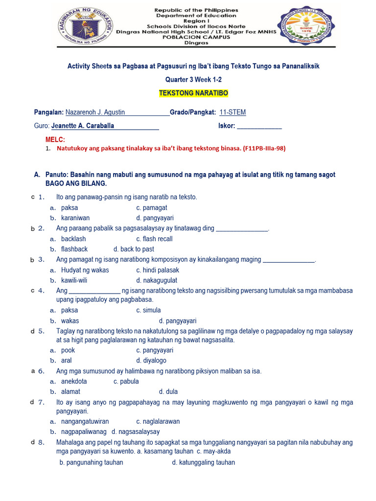 As Pagbasa q3 Week 1 2 Naratibo | PDF