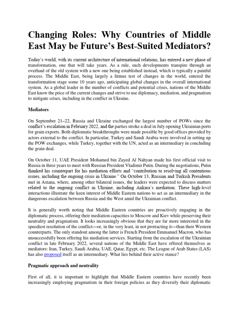 Changing Roles Why Countries of Middle East May Be Future's Best-Suited ...