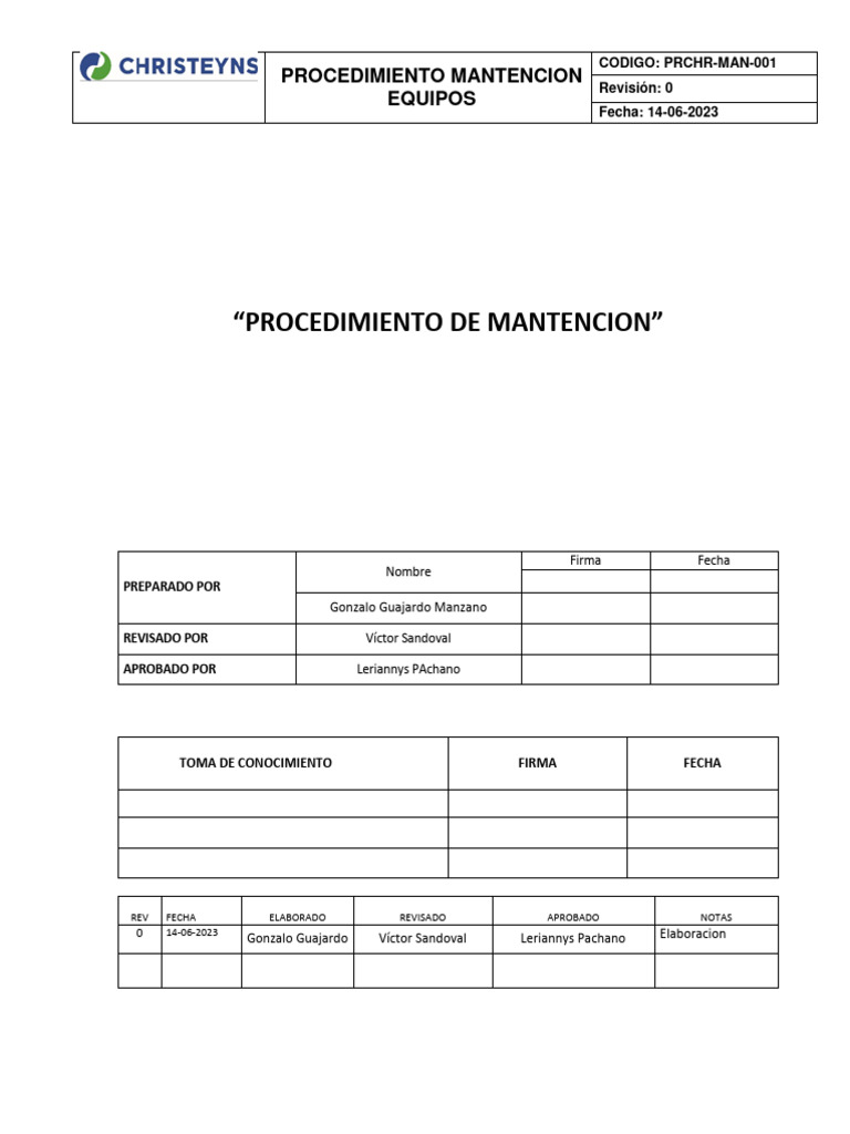 PRCHR-MAN-001 Procedimiento Mantencion de Equipo | PDF | Guante