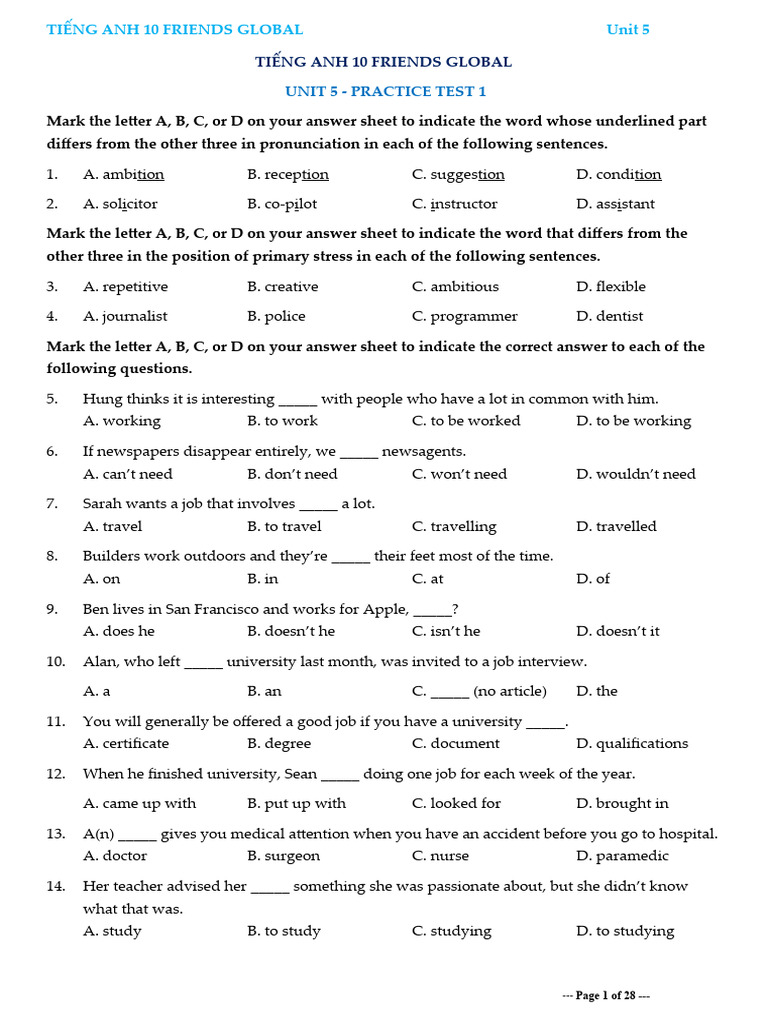 Tieng Anh 10 Friends Global - Unit 5 - Test 1 | PDF