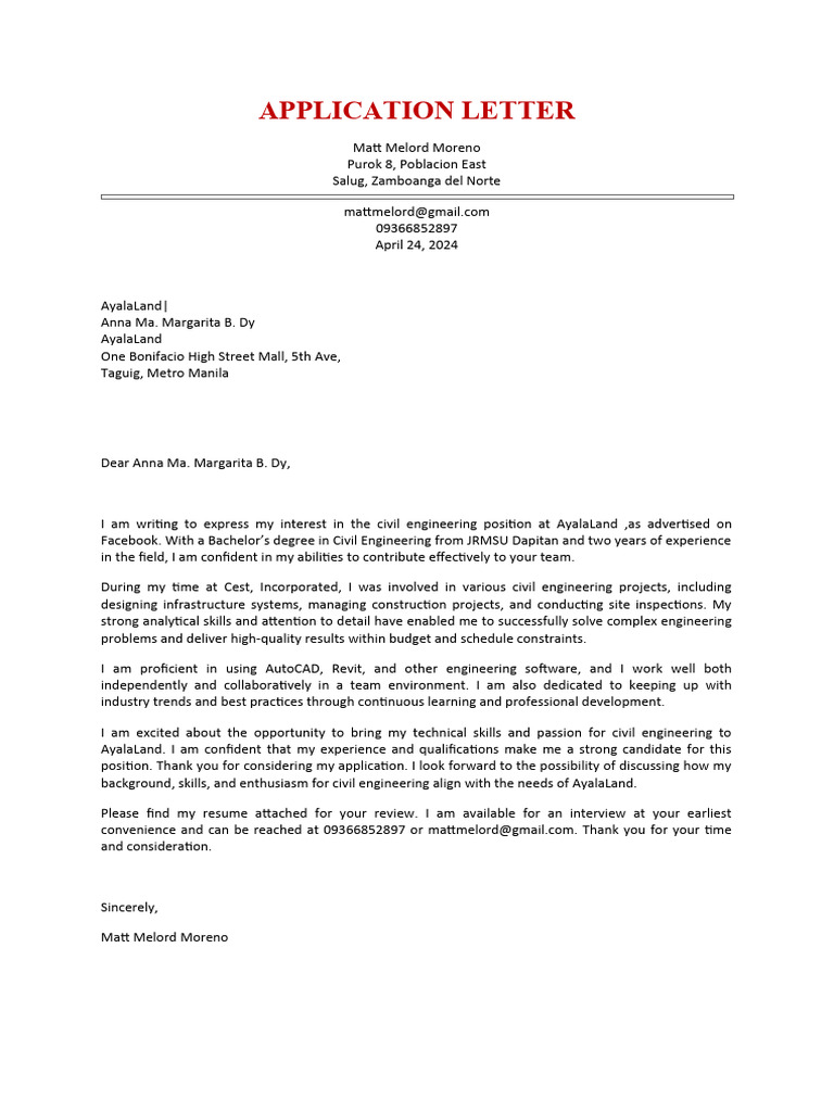 Civil Engineering Application Letter | PDF | Engineering | Motivation