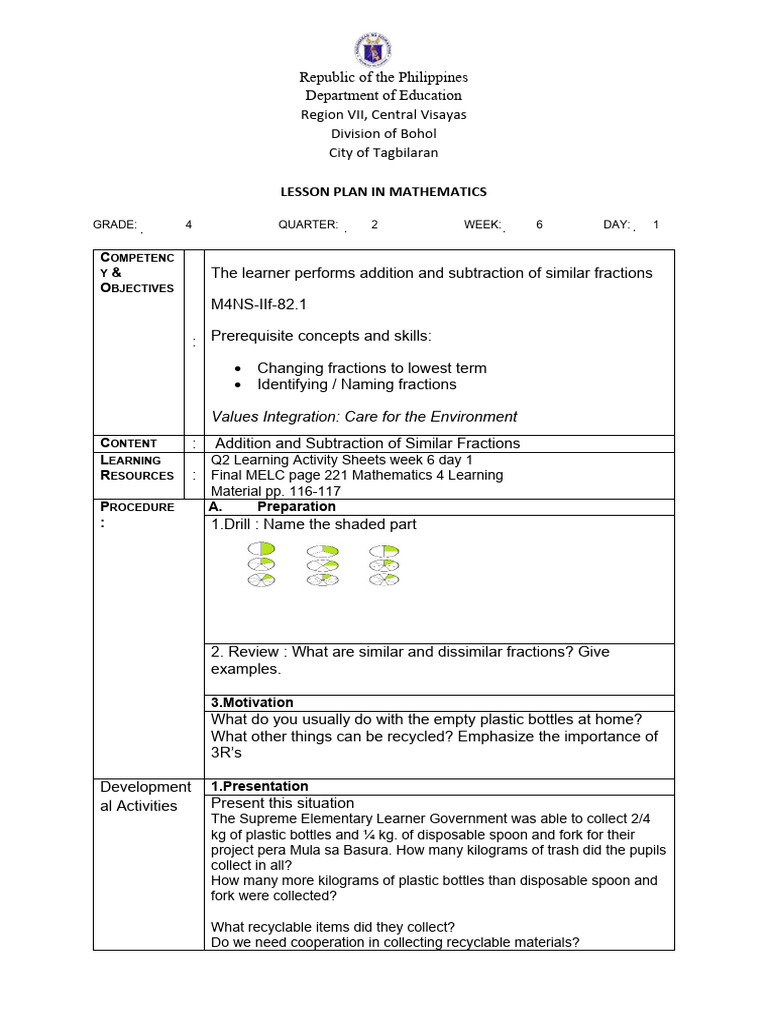 Grade 4 Math: Fractions Lesson | PDF | Cognition | Behavior Modification