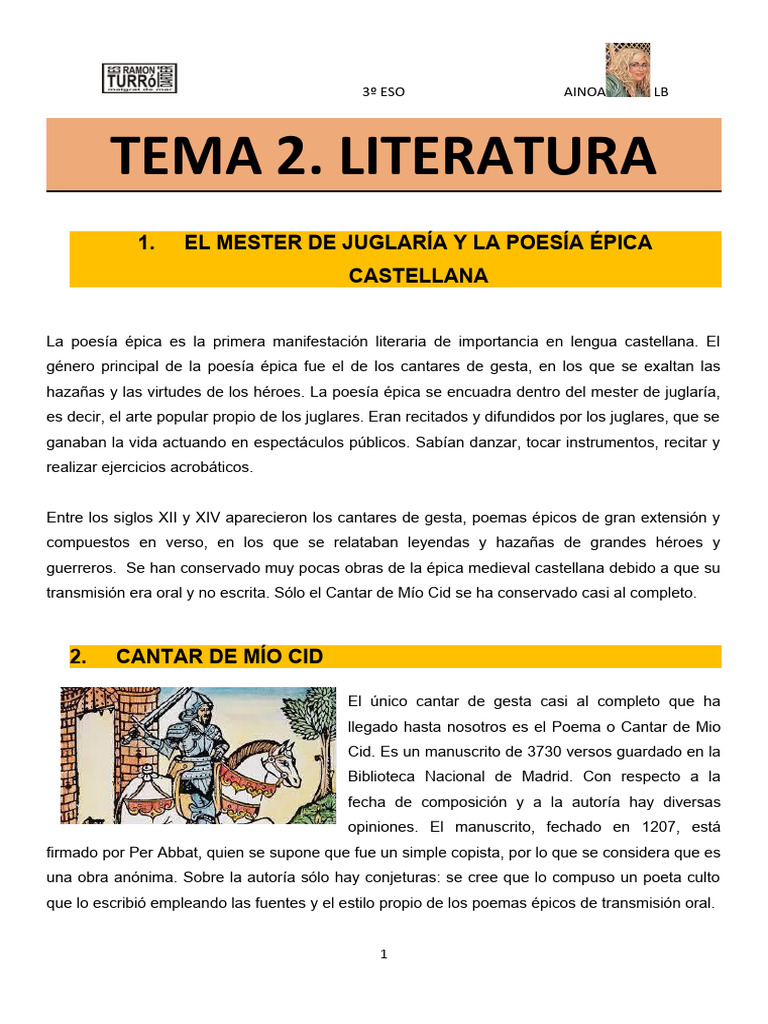 Copia de TEMA 2. Mester de Juglaría y Poesía Épica Castellana | PDF ...