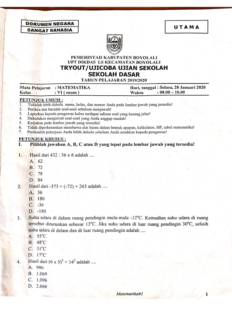 Soal Matematika Tryout 1 | PDF