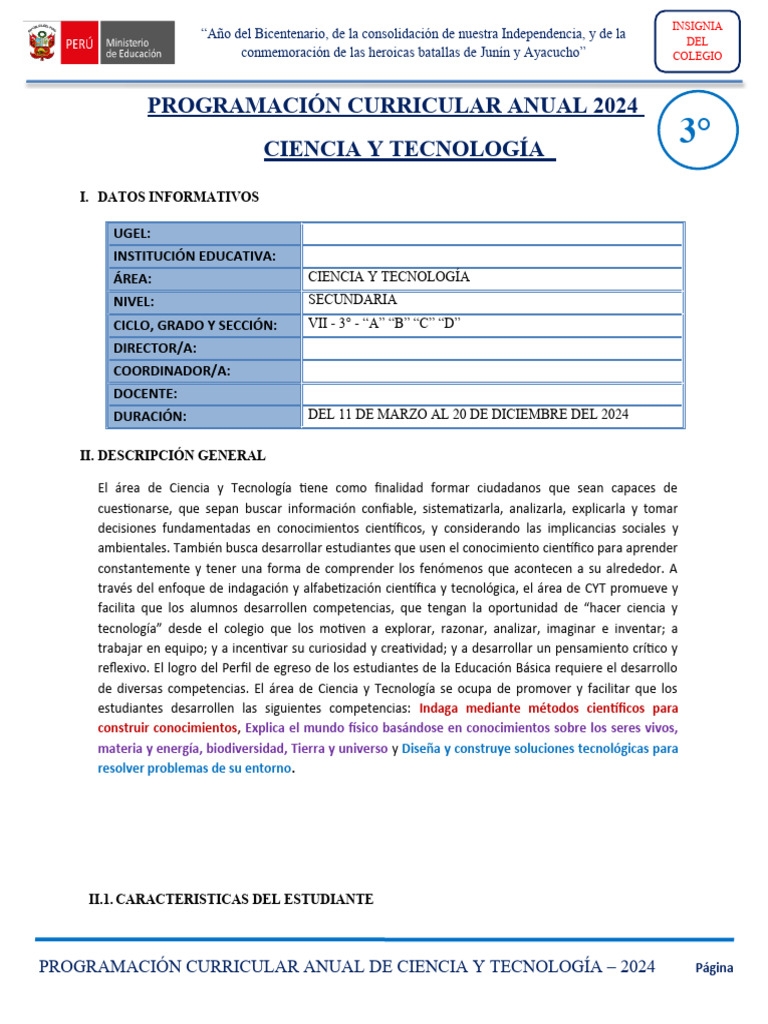 Cyt 3° - Programación Curricular Anual | PDF | Aprendizaje | Science