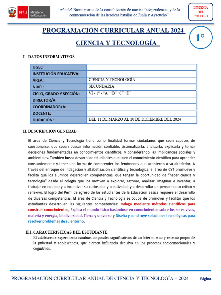 Cyt 1° - Programación Curricular Anual | PDF | Aprendizaje | Importar