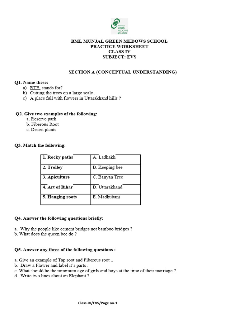 Class 4 Evs Practice Sheet | PDF