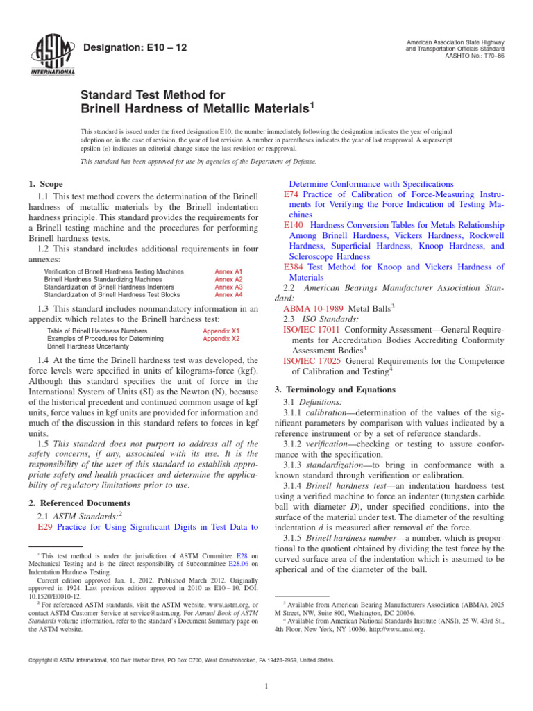 Astm E10 - 12 | PDF | Hardness | Verification And Validation