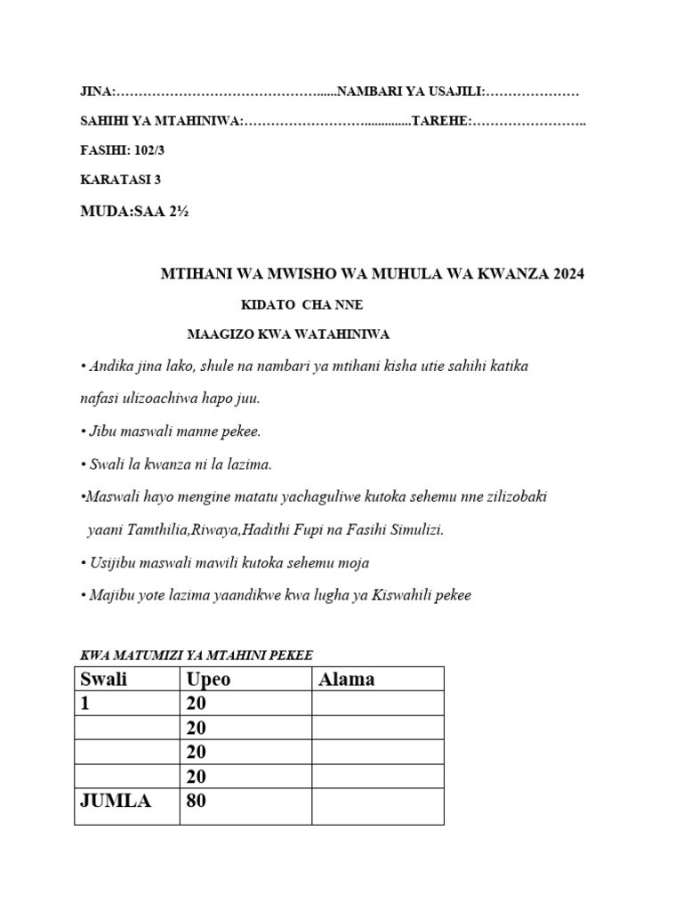 Kiswahili F4T1 PP3 2024 QS | PDF