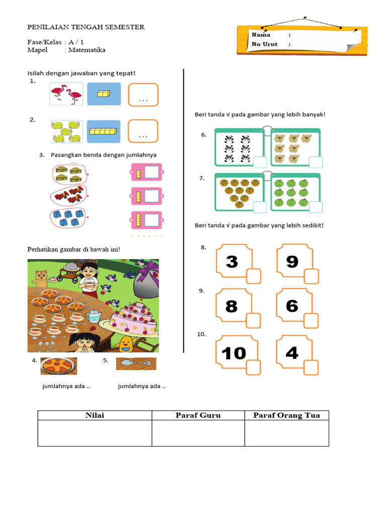 Soal PTS Matematika Kelas 1 | PDF