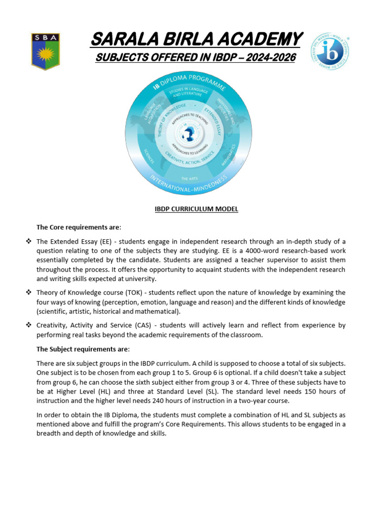 IBDP Curriculum and Subject Choices at SBA 2024-2026 | PDF | Science