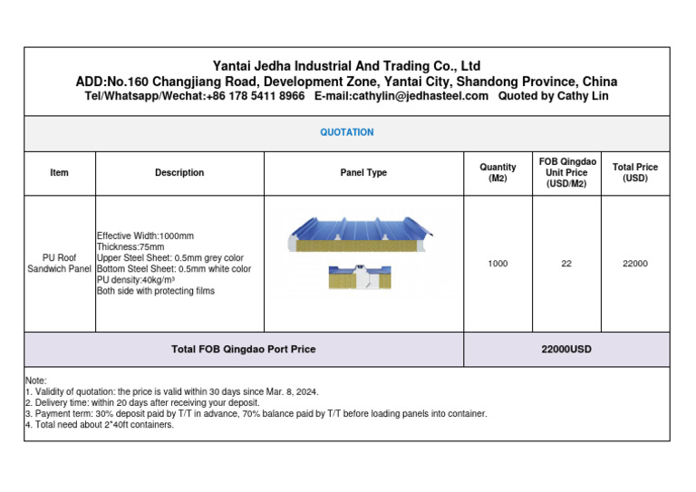 Quotation of 75mm PU Roof Sandwich Panel | PDF