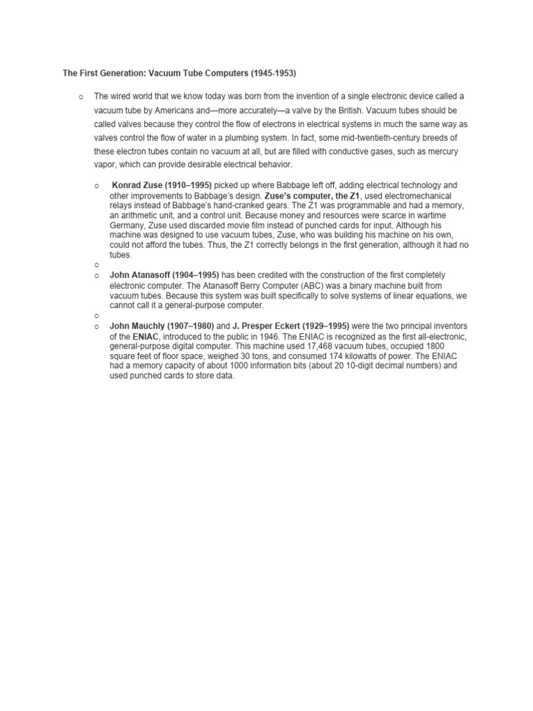 The First Generation: Vacuum Tube Computers (1945-1953) | PDF