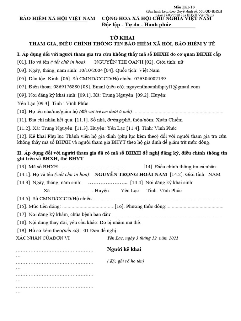 Mẫu làm lại thẻ bhyt TK1 TS theo QĐ 505 | PDF