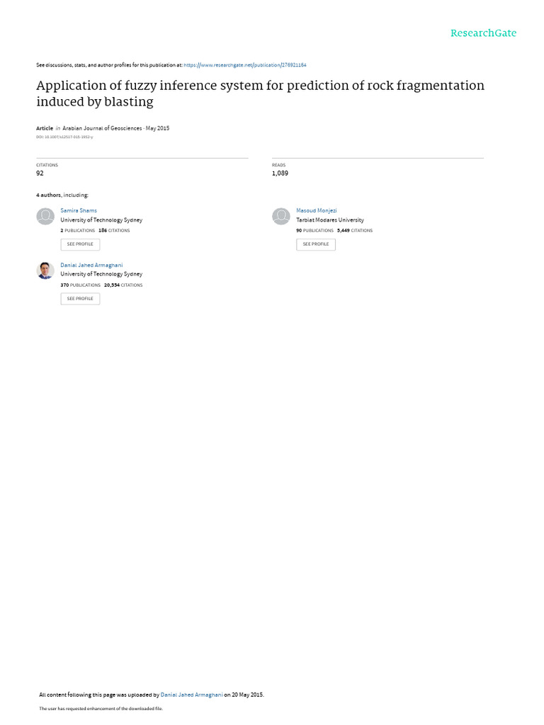 Application of Fuzzy Inference System For Prediction of Rock Fragmentation Induced by Blasting ...