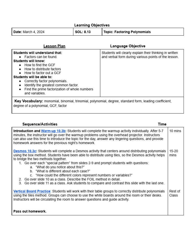 Factoring Polynomials Lesson Plan | PDF | Teachers | Factorization
