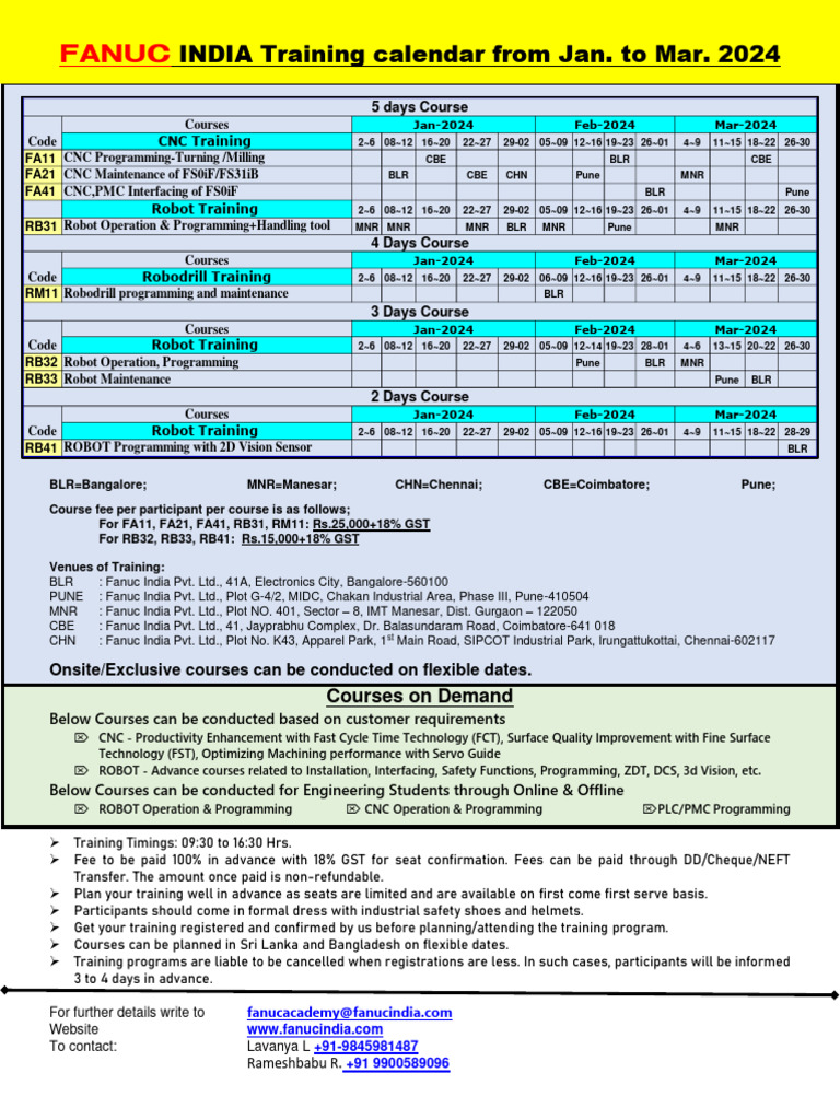FANUC India Training Calendar 2024 | PDF | Automation | Engineering