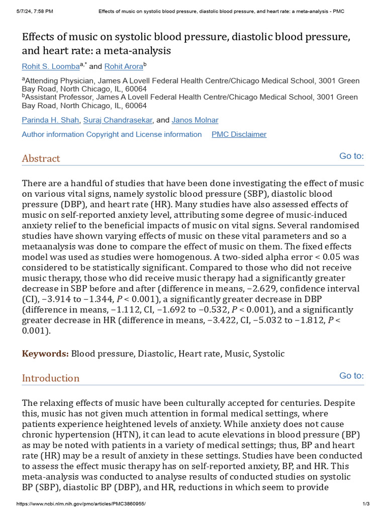 Effects of Music On Systolic Blood Pressure, Diastolic Blood Pressure ...