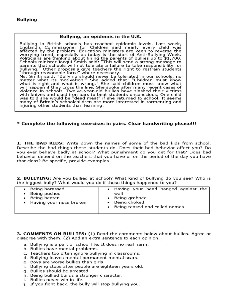 Bullying Exercises | PDF | Bullying | Verb