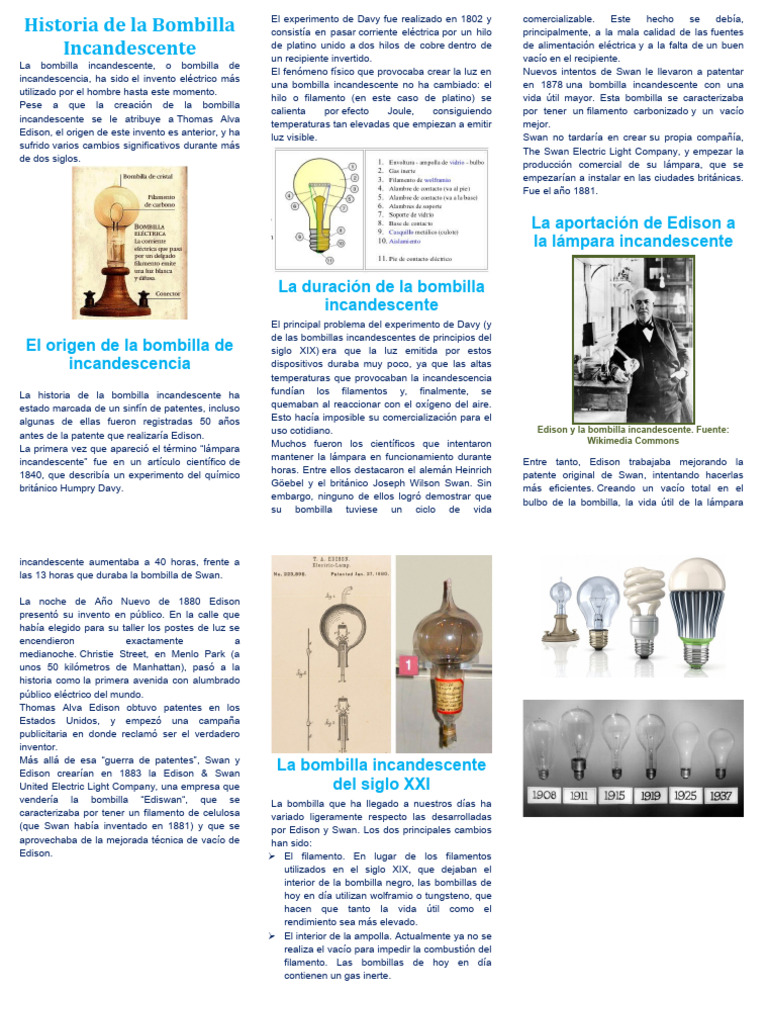 TRIPTICO historia lampara incandescente | PDF | Bombilla incandescente | Thomas Edison