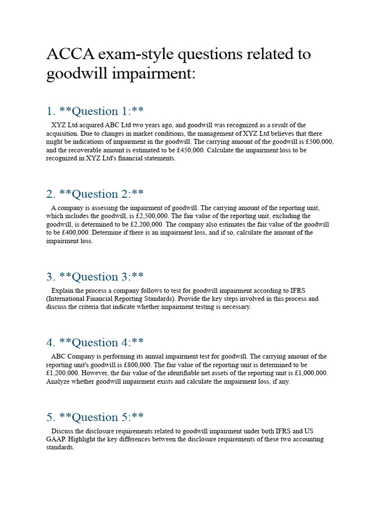 Goodwill Impairment ACCA Sample Questions | PDF | Goodwill (Accounting ...