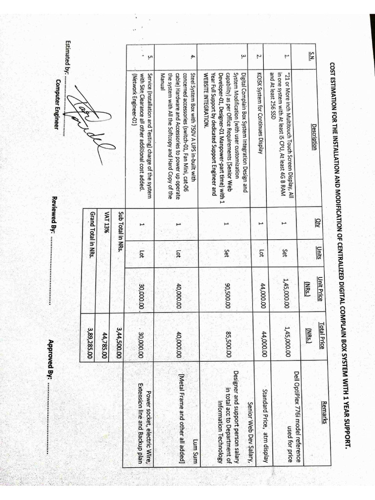 Centralized Complain Box Cost Estimation | PDF
