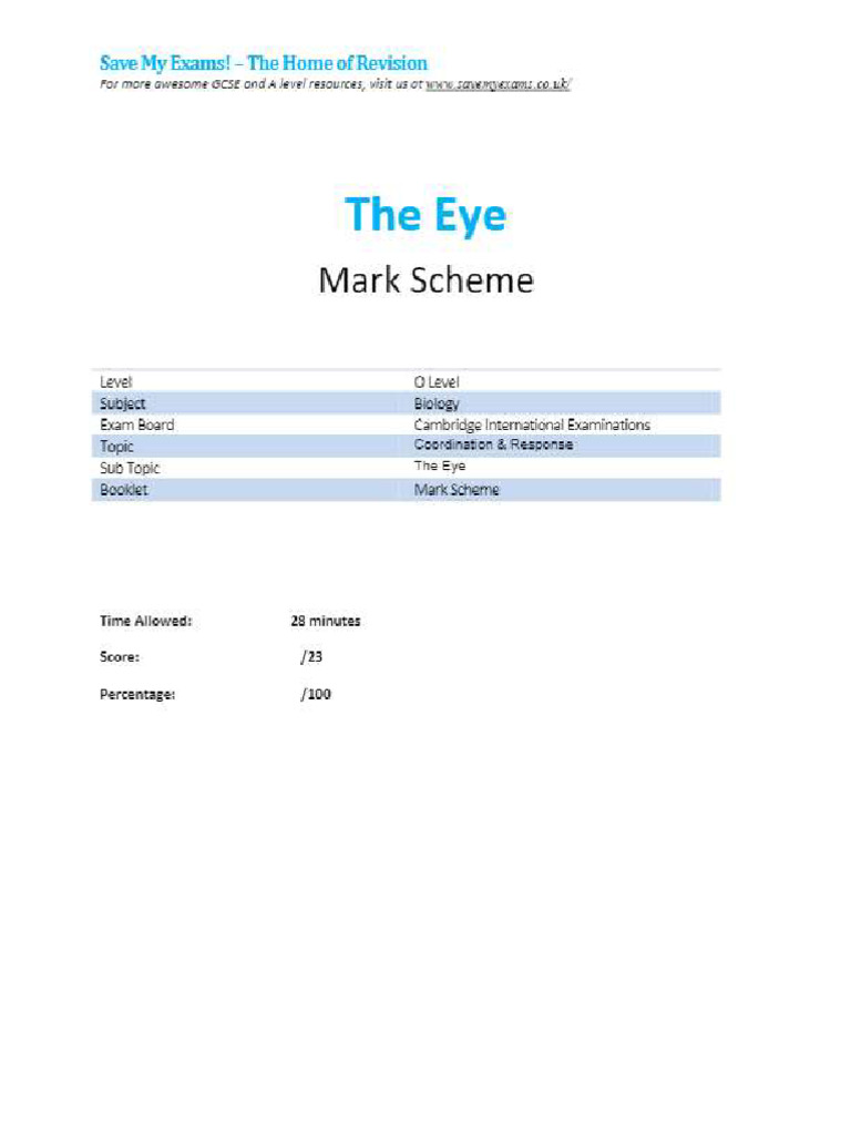 The Eye - Mark Scheme - CIE O Level Biology Pages - Save My Exams | PDF
