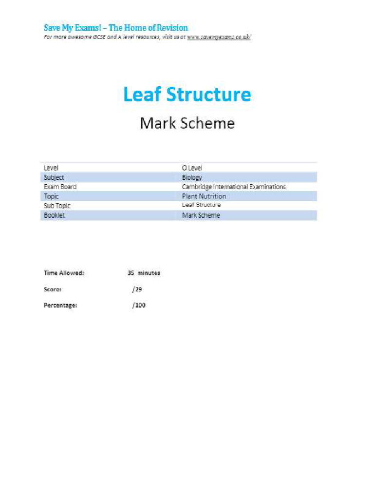 Leaf Structure - Mark Scheme - CIE O Level Biology Pages - Save My ...
