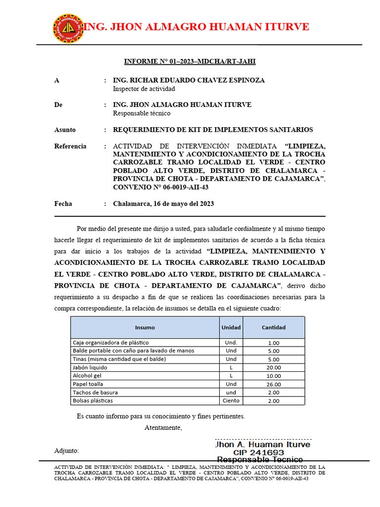 INF 1 REQUERIMIENTO DE KIT DE IMPLEMENTOS SANITARIOS | PDF | Mano | Higiene