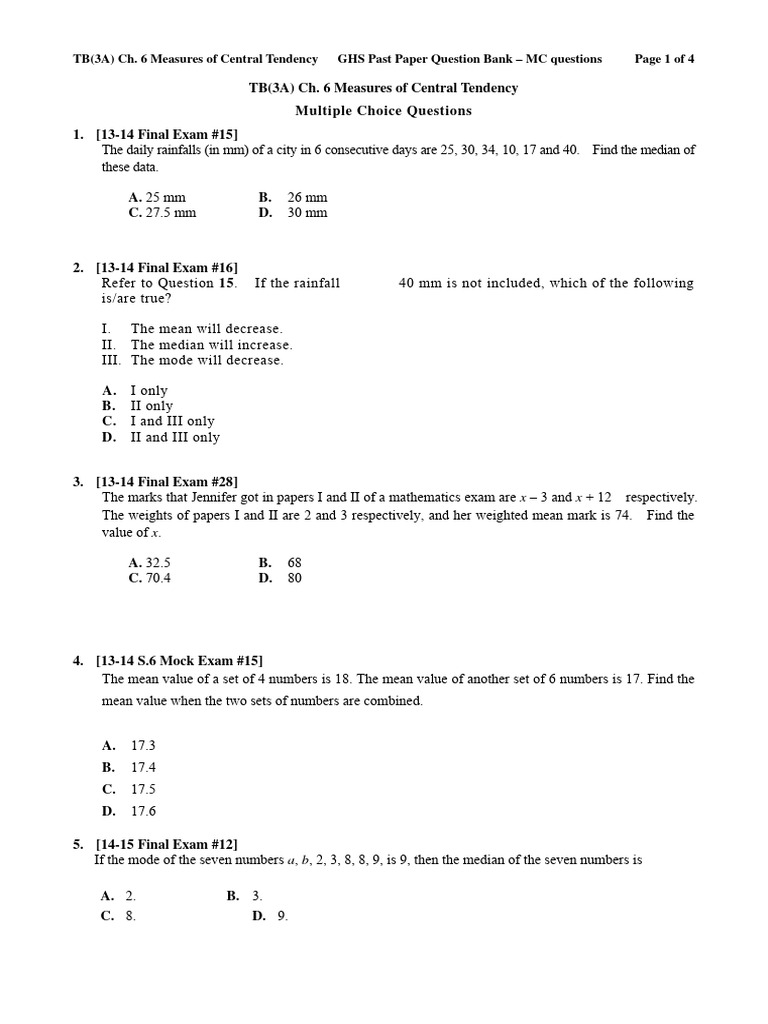 (13-18) 3A-Ch.6-Measures of Central Tendency - MC | PDF | Mean | Average