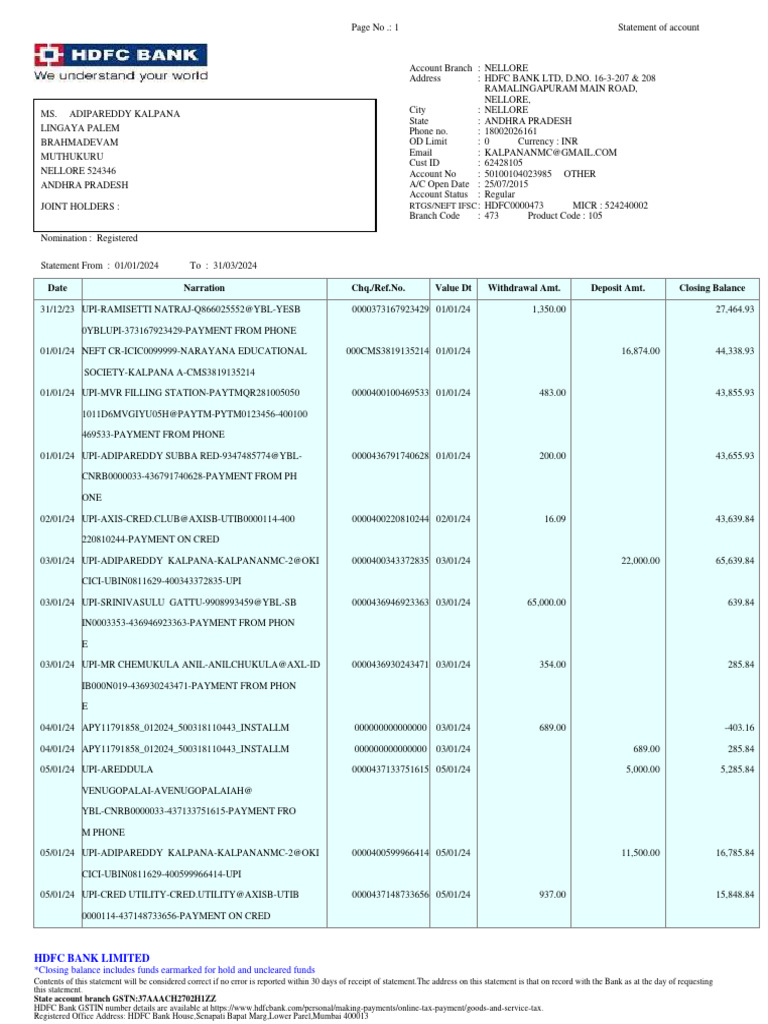 HDFC Account Statement Summary | PDF | Money | Banking Technology