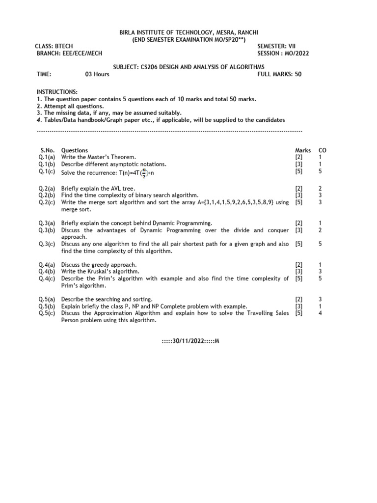 CS206 Design and Analysis of Algorithms (End - Mo22) | PDF | Time Complexity | Computational ...