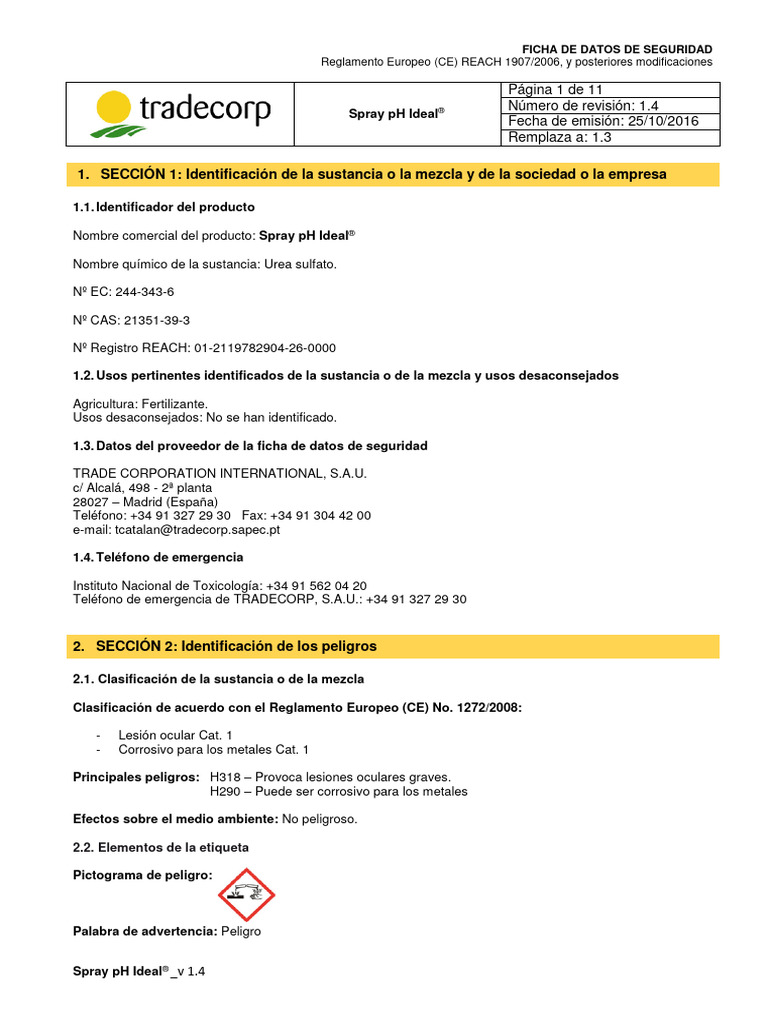 Sds Spray PH Ideal | PDF | Agua | Química
