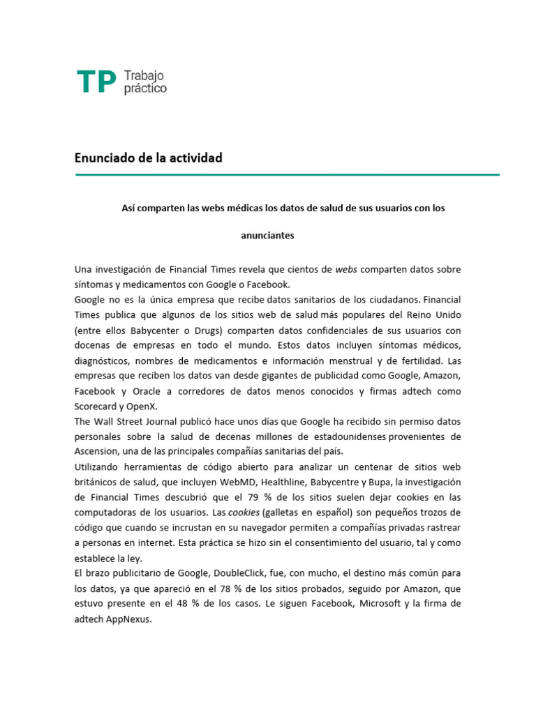 TP2 - Enunciado de La Actividad | PDF | Facebook | Cookie HTTP