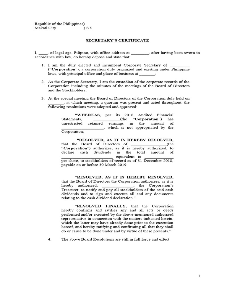 Sec Cert Cash Dividend Declaration | PDF | Board Of Directors | Dividend