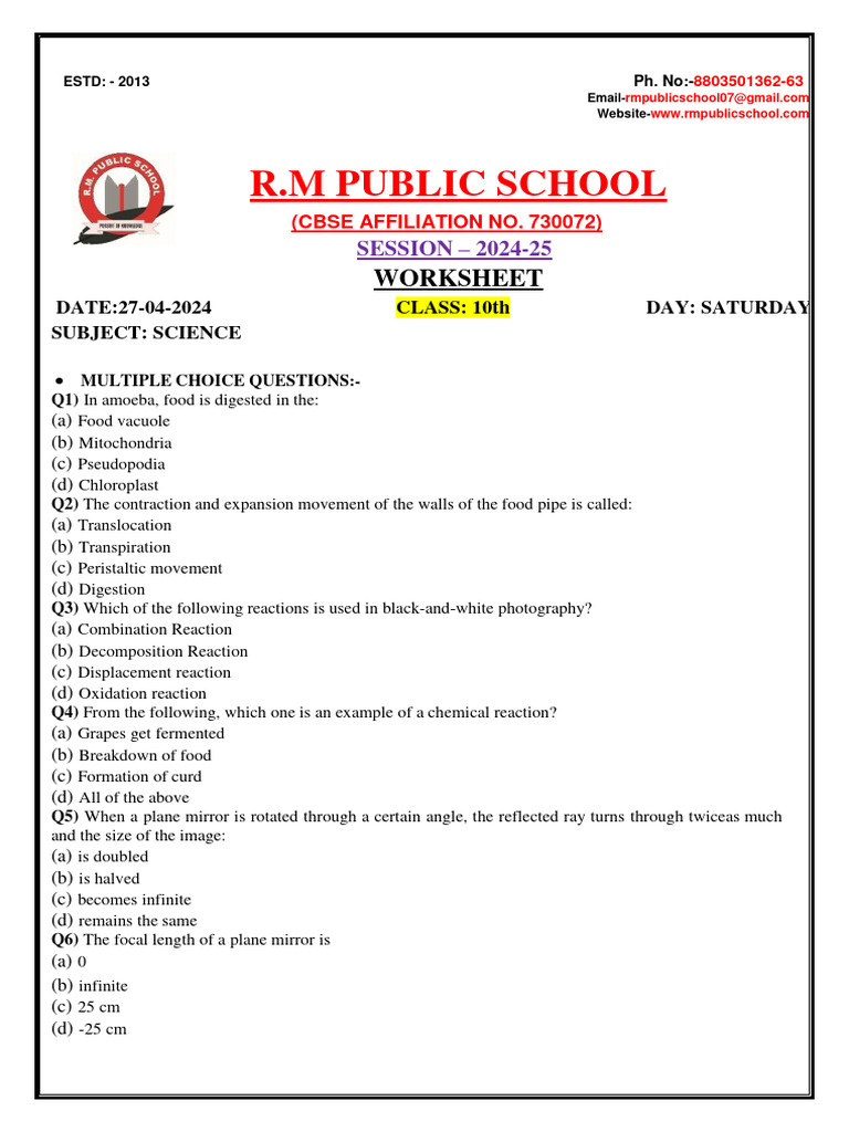 Class 10th Science Worksheet | PDF | Chemical Reactions | Mirror