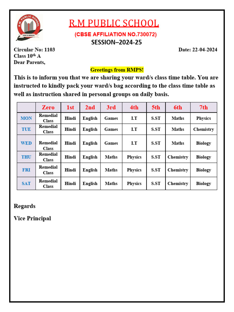 Class 10 Time Table for RM Public School | PDF