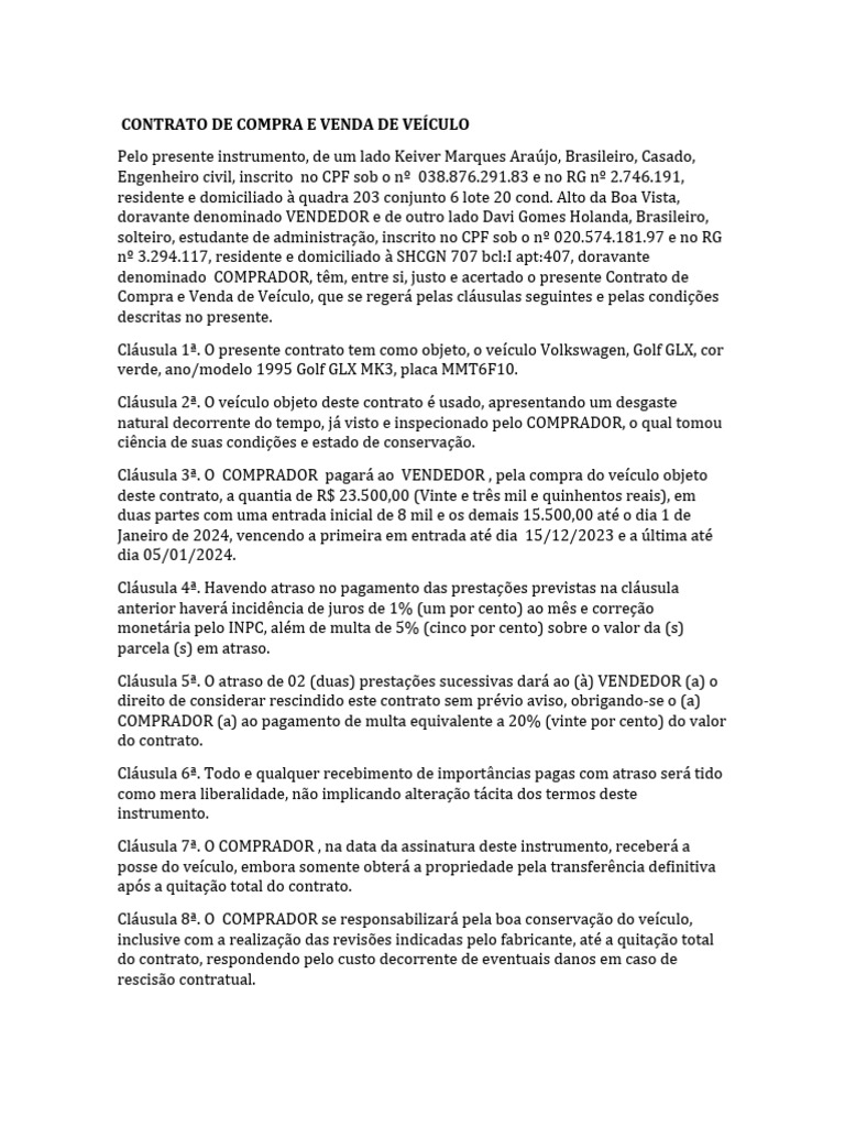 Modelo de Contrato de Compra e Venda de Veiculo | PDF