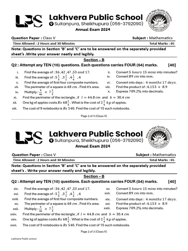 Class 5 Sub | PDF | Arithmetic | Mathematics