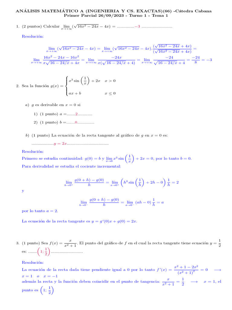 Respuestas 2023 2C 1parcial Tema1 | PDF | Derivado | Geometría algebraica