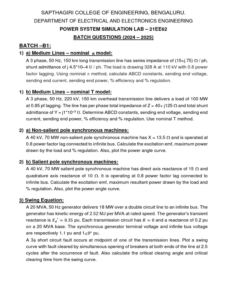 PSS Lab (21EE62) - Batch Questions | PDF | Electric Power Transmission | Electrical Impedance