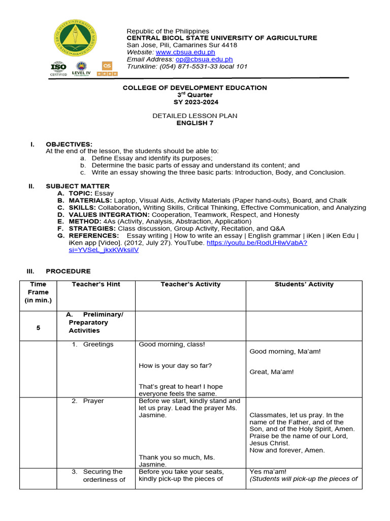 Grade7 Essay Lesson Plan Edited | PDF | Essays | Multimedia